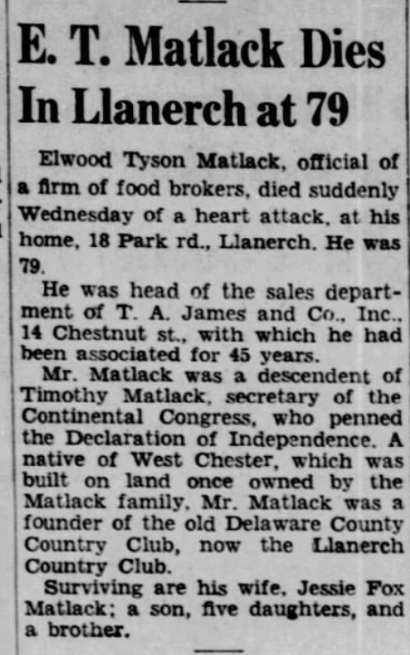 Elwood Matlack dies